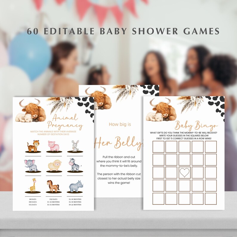 Holy Cow Baby Shower Games Bundle, Editable Boho Highland Cow Baby ...
