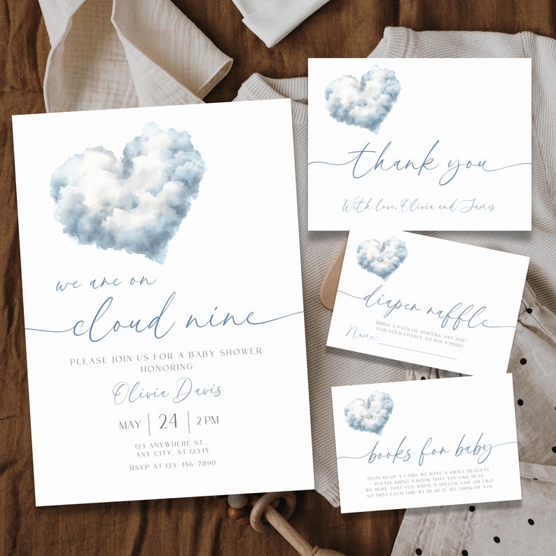 Cloud 9 Blue Baby Shower Invitation Bundle, Editable We Are on Cloud ...