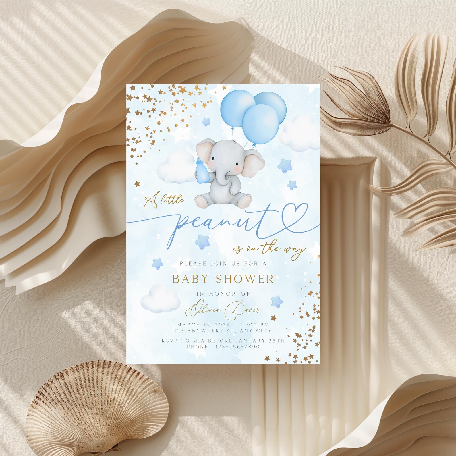 A Little Peanut Boy Baby Shower Invitation, Editable Elephant Boy Baby ...