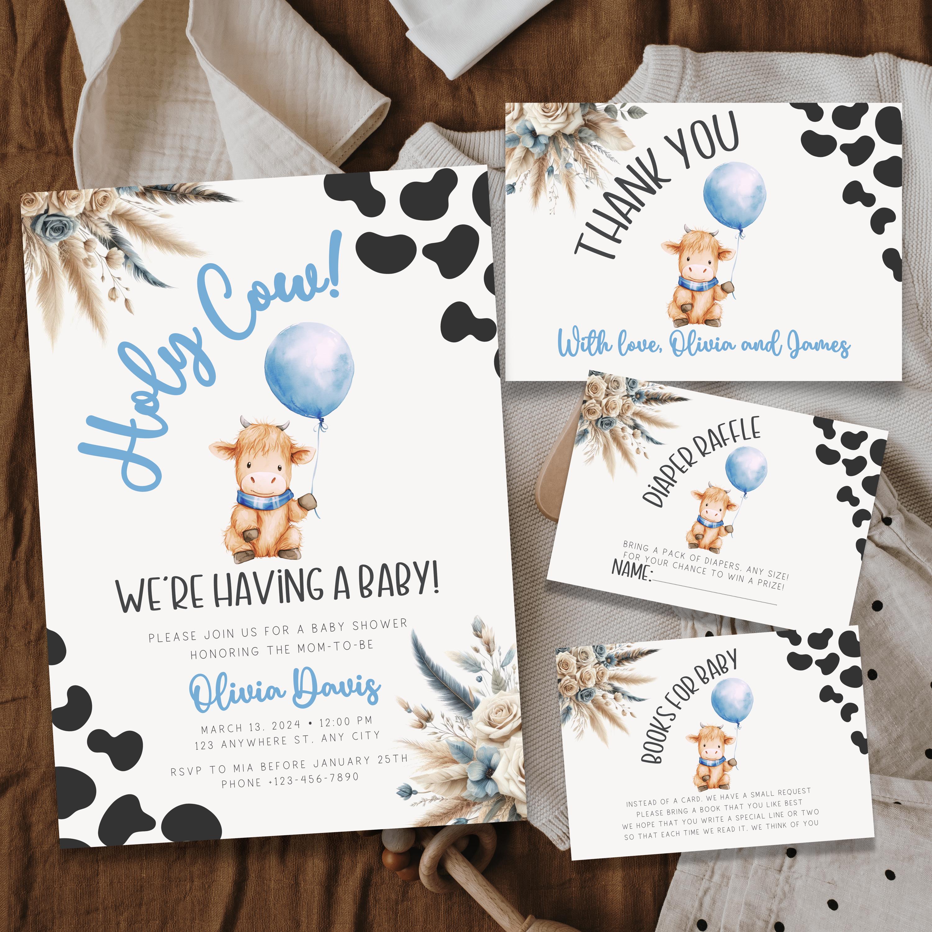 Highland Cow Baby Shower Invitation Bundle, Holy Cow Theme Boy Baby ...