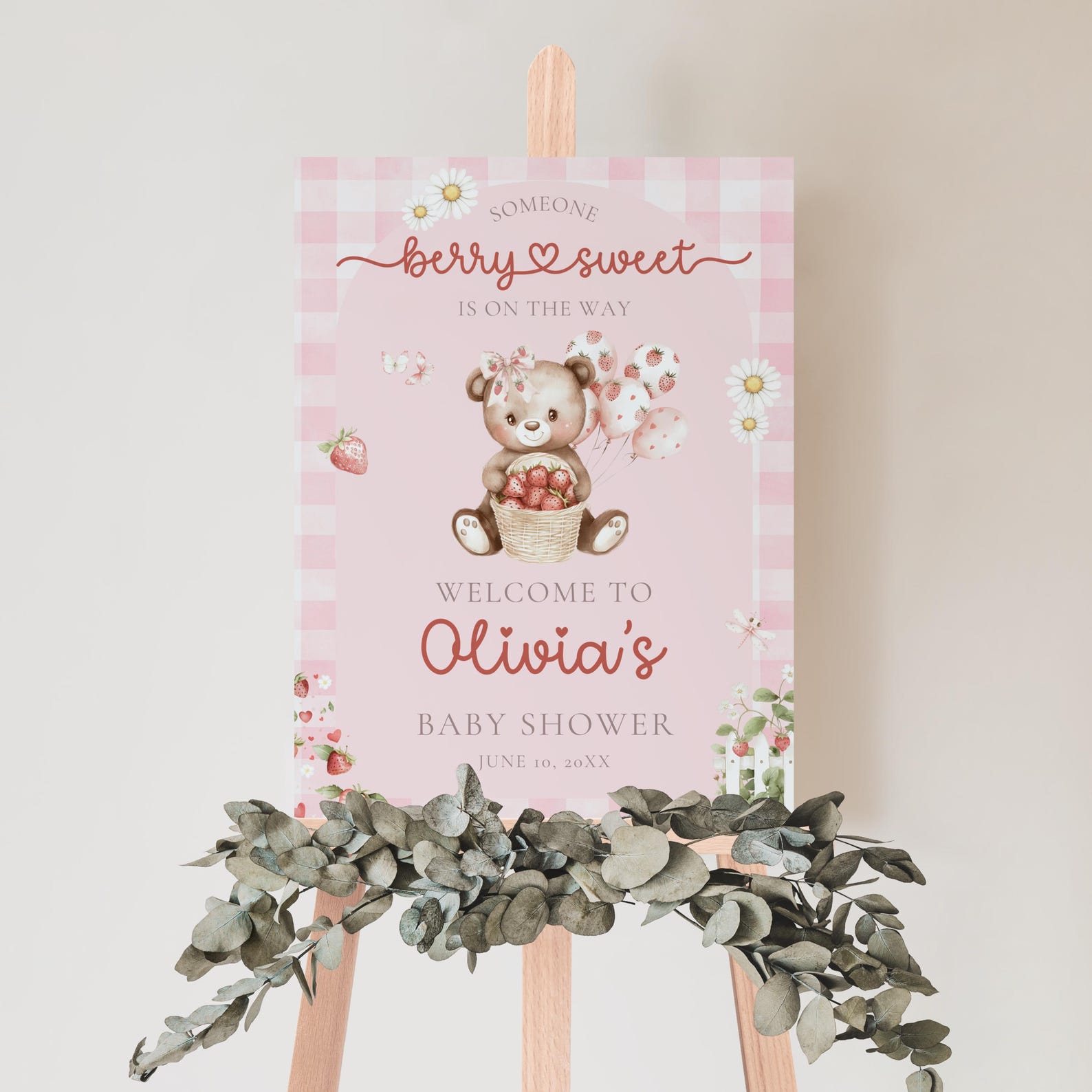 Berry Sweet Baby Shower Welcome Sign, Editable Template for Strawberry ...