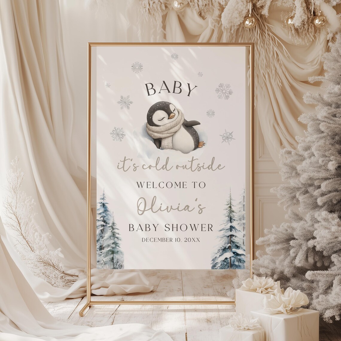 Baby It's Cold Outside Baby Shower Welcome Sign, Winter Penguin ...