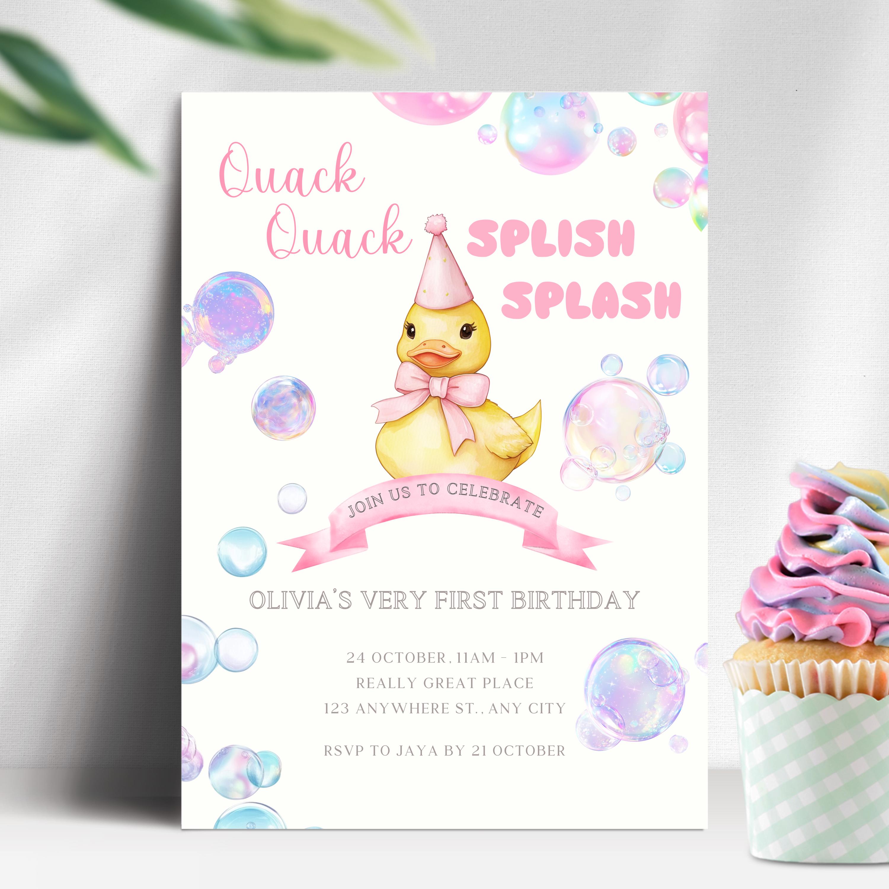 Rubber Duck Girl Birthday Invitation Canva Template, Editable Rubber ...