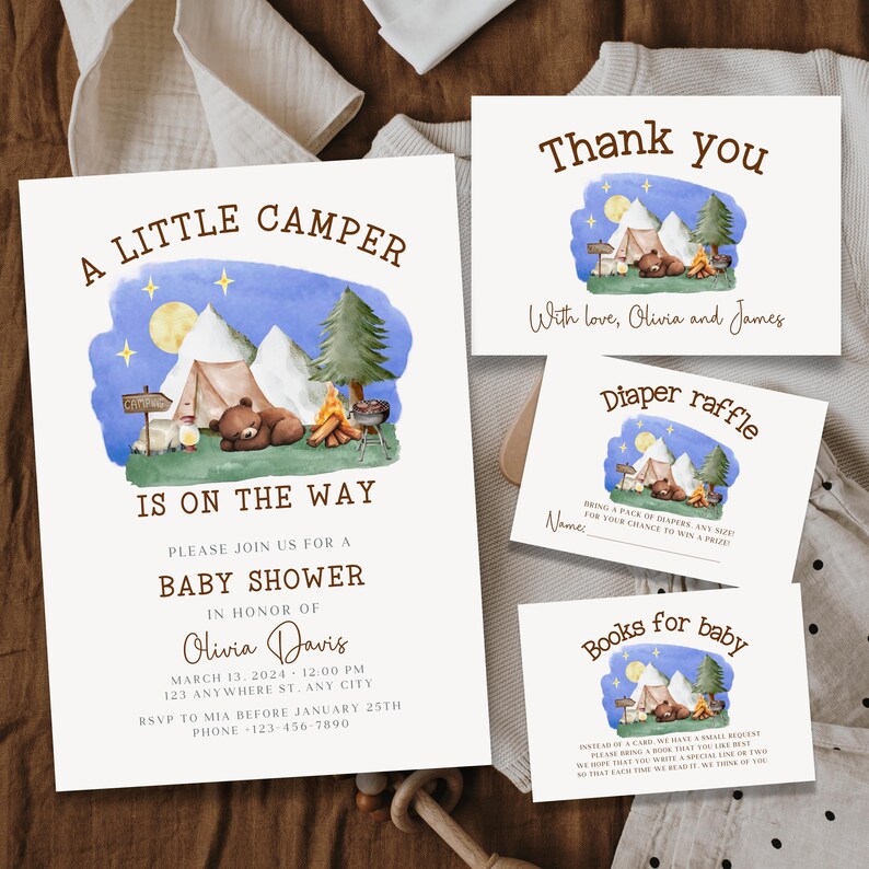 Little Camper Baby Shower Invitation Bundle, Editable Woodland Camping ...