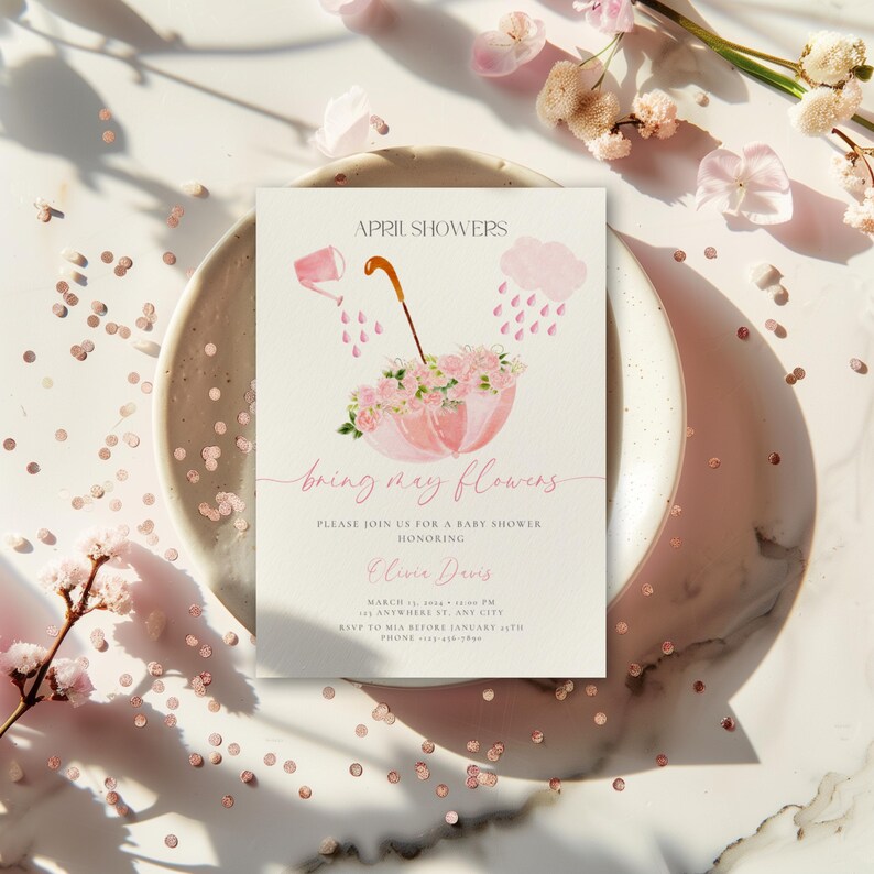 April Showers Bring May Flowers Baby Shower Invitation, Editable Spring ...