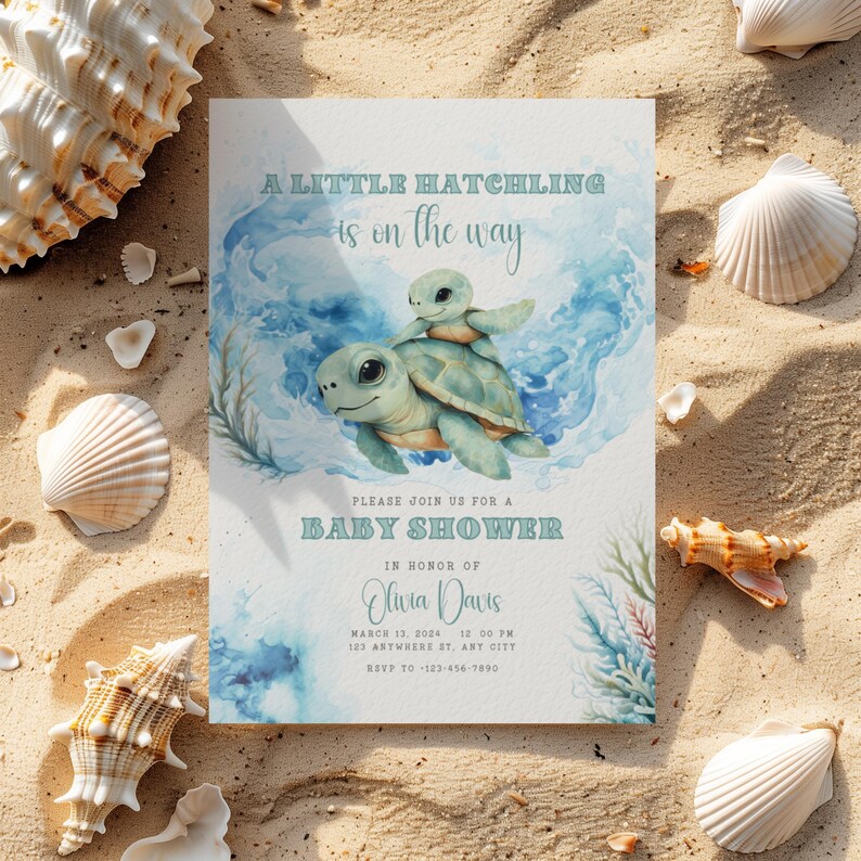 Sea Turtle Baby Shower Invitation Bundle, Editable Under the Sea Turtle ...