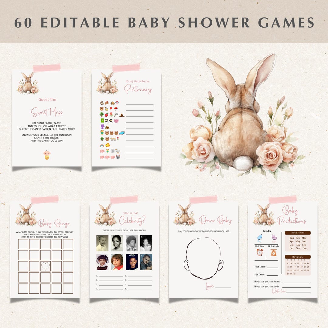 Bunny Baby Shower Games Bundle, Spring Rabbit Baby Shower Games Set ...
