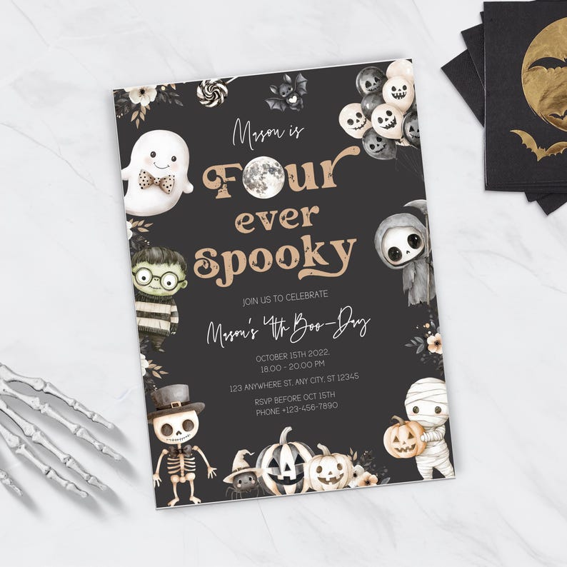 Four Ever Spooky Halloween Birthday Invitation, Editable Halloween 4th ...
