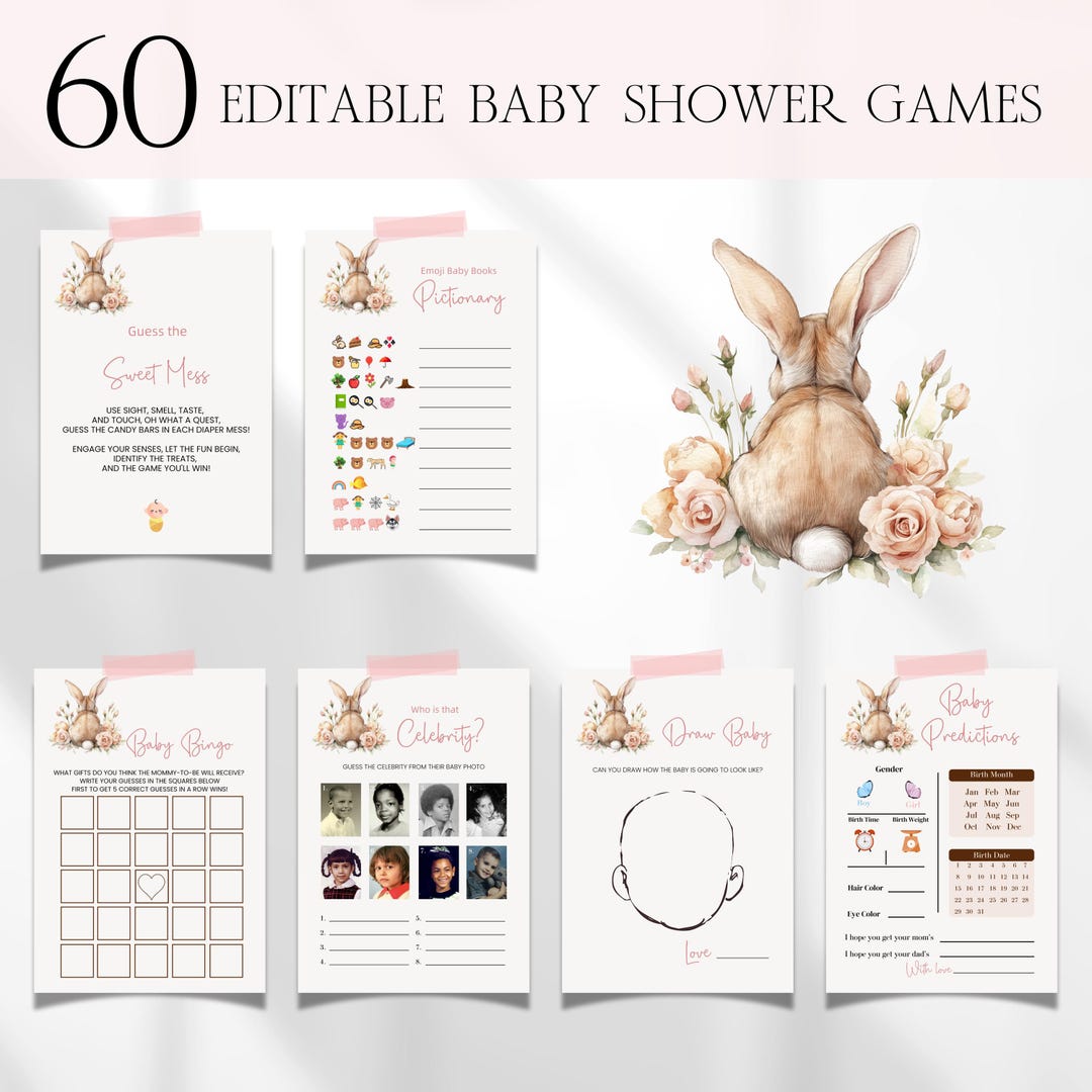 Bunny Baby Shower Games Bundle, Spring Rabbit Baby Shower Games Set ...