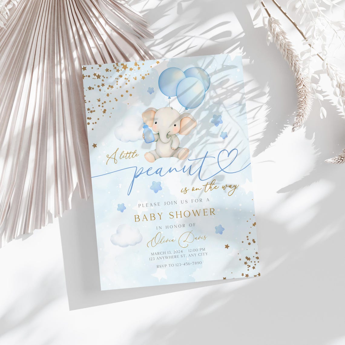 A Little Peanut Boy Baby Shower Invitation, Editable Elephant Boy Baby ...