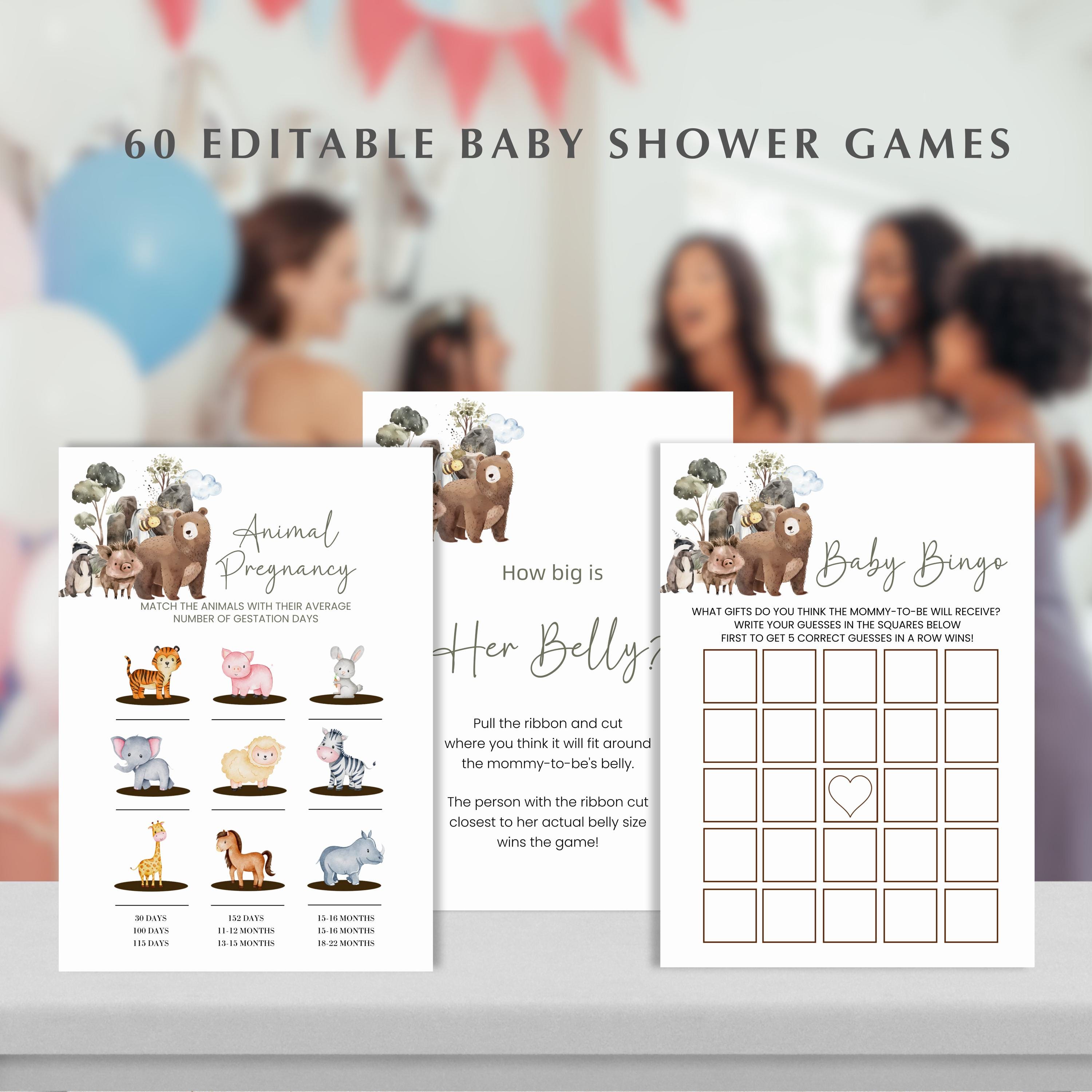 Woodland Baby Shower Games Bundle, Editable Forest Animals Baby Shower ...