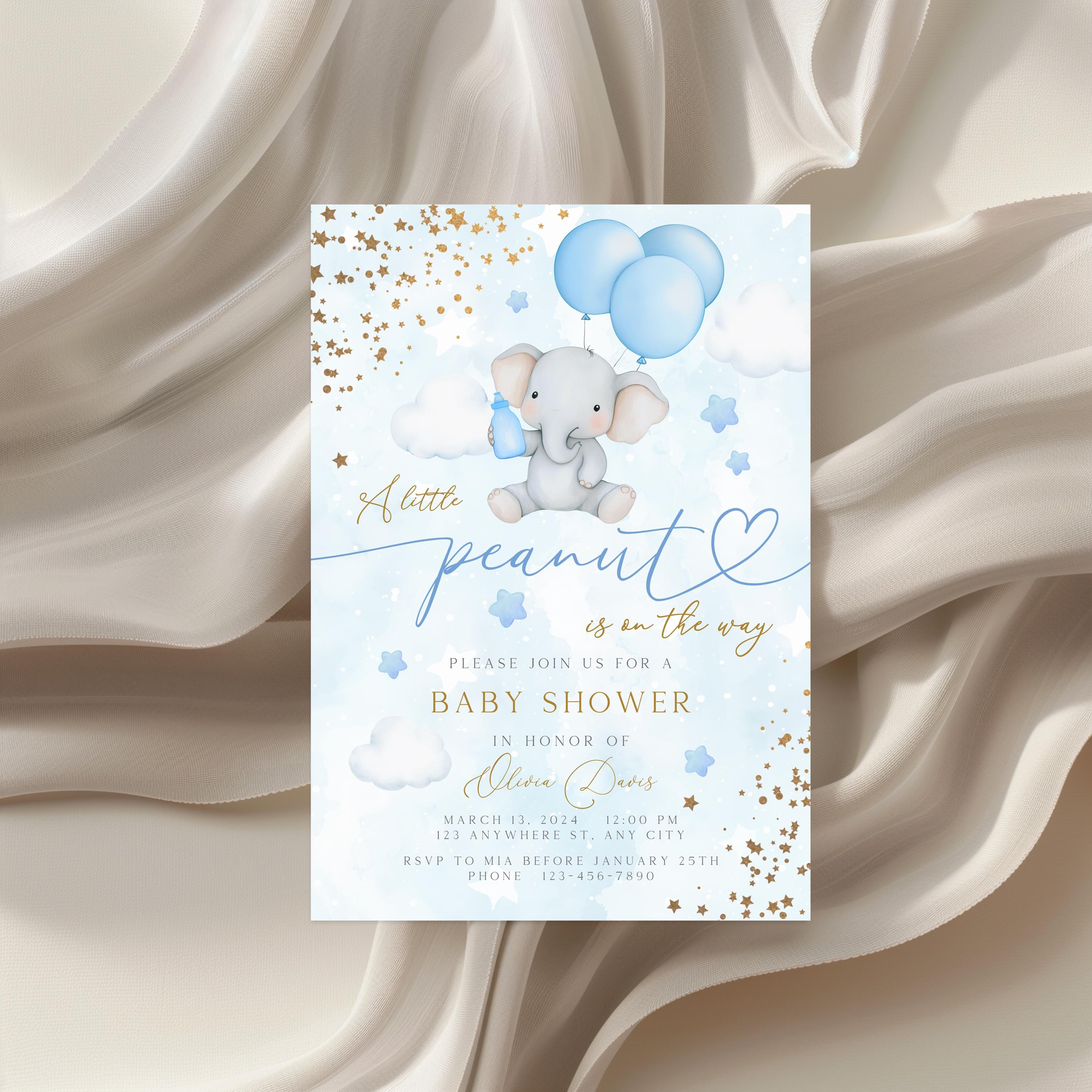 A Little Peanut Boy Baby Shower Invitation, Editable Elephant Boy Baby ...