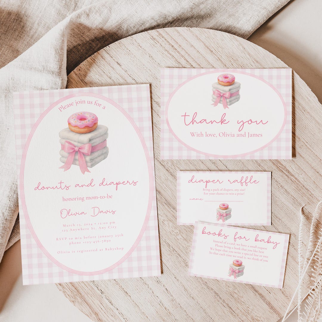 Donuts & Diapers Baby Shower Invitation Bundle, Editable Template for ...