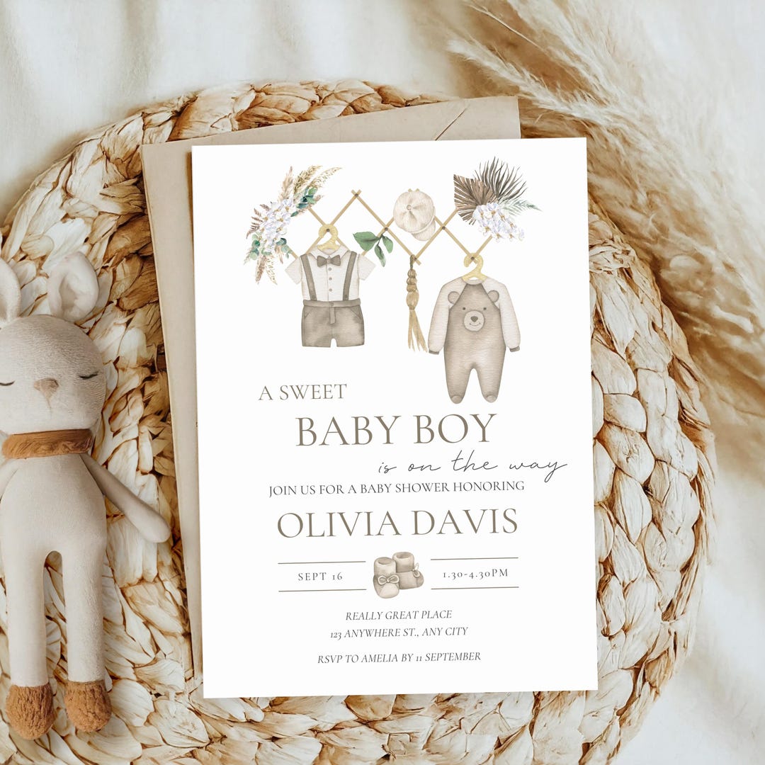 Boy Clothes Line Baby Shower Invitation, Editable Boho Boy Clothing ...