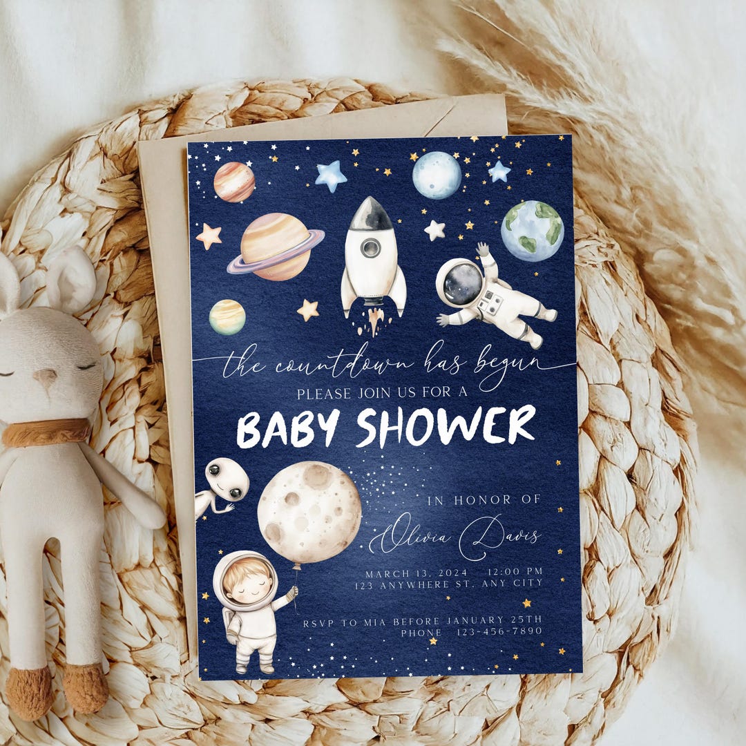Outer Space Baby Shower Invitation, Editable Countdown Has Begun Astronaut Galaxy Baby Shower ...