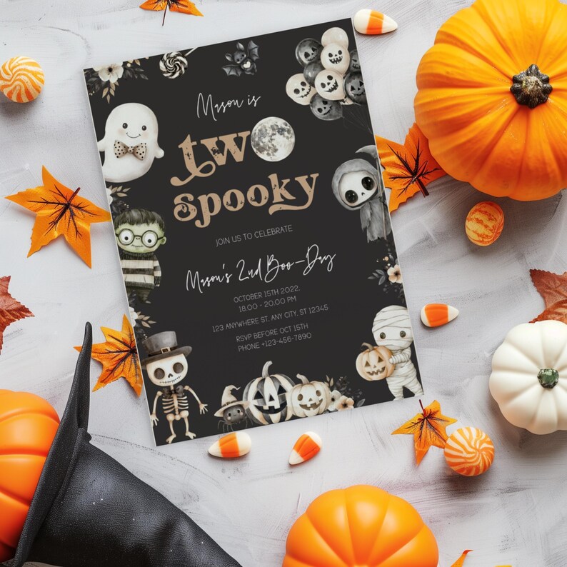 Two Spooky Halloween Birthday Invitation, Editable Cute Ghost Boy Girl ...
