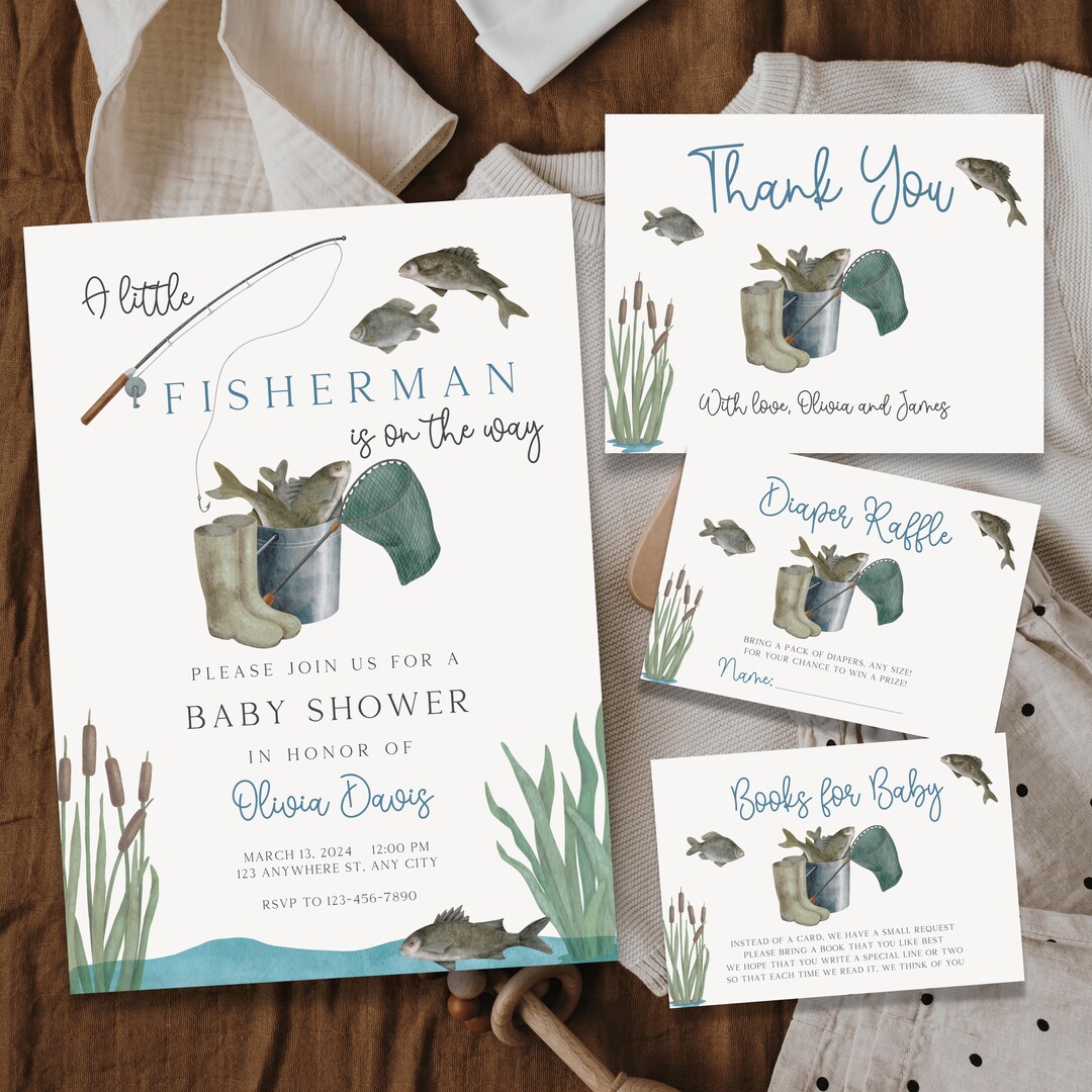 A Little Fisherman is on the Way Baby Shower Invitation Bundle, Boho ...