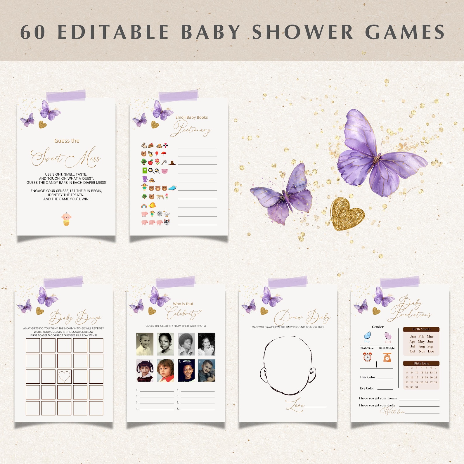 Purple Butterfly Baby Shower Games Bundle, Editable Floral Girl ...