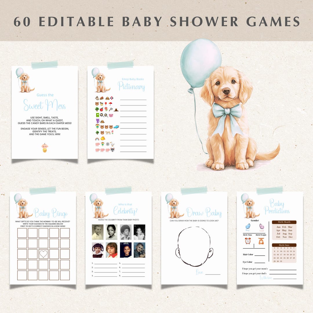 Puppy Baby Shower Games Bundle, Editable Golden Retreiver Boy Baby ...
