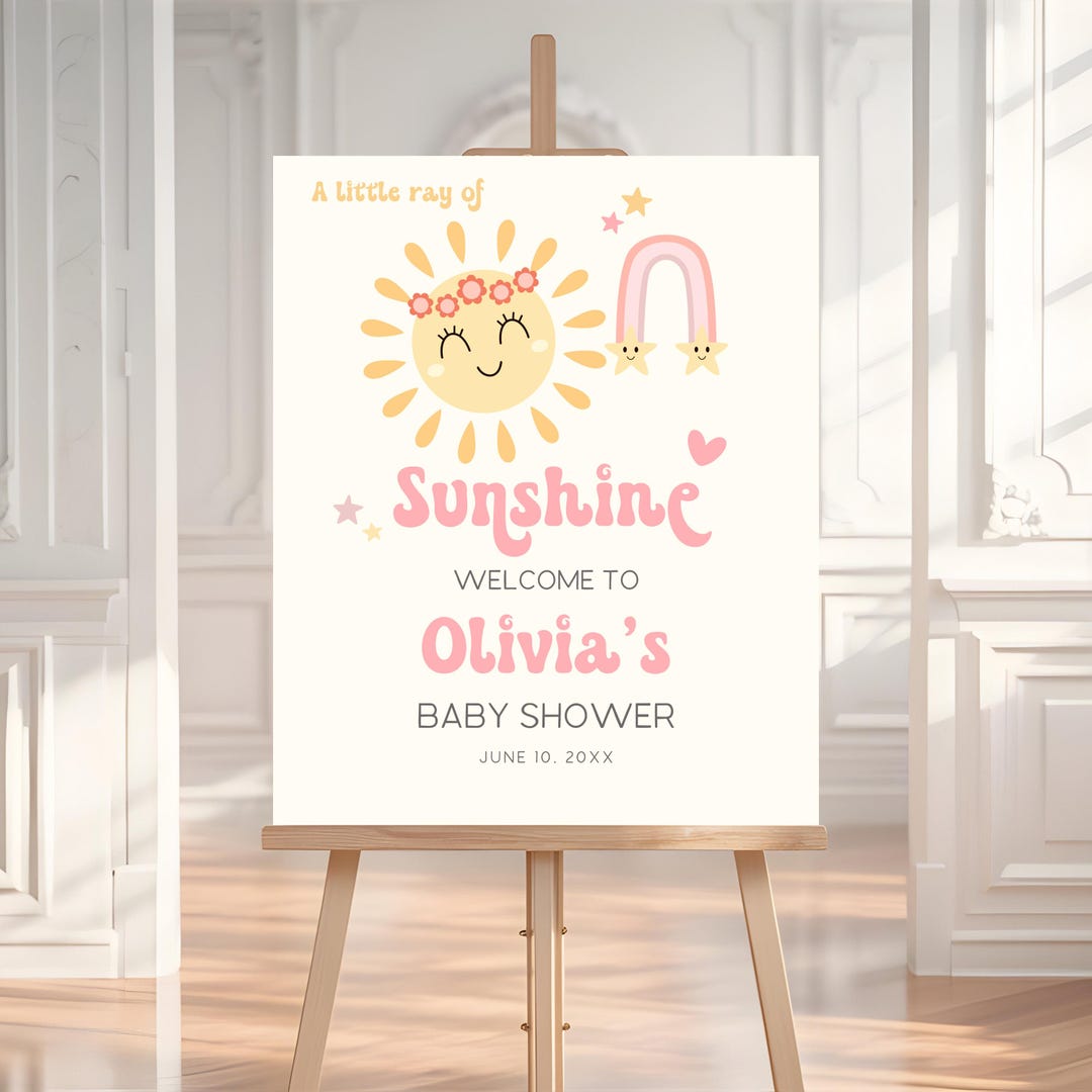 A Little Ray of Sunshine Girl Baby Shower Welcome Sign, Editable Boho ...