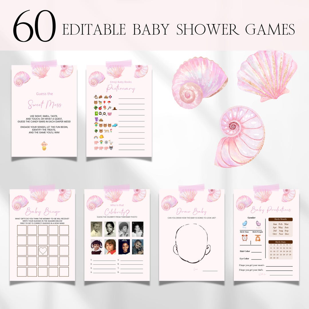 Seashell Baby Shower Games Bundle, Editable Beach Babe Girl Baby Shower ...