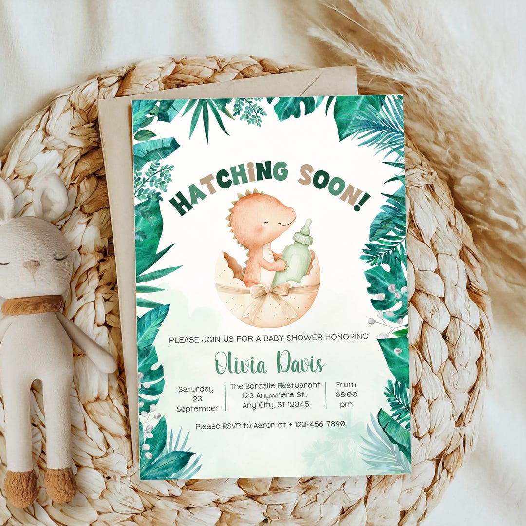 Hatching Soon Baby Shower Invitation, Editable Boy Girl Dinosaur Baby ...