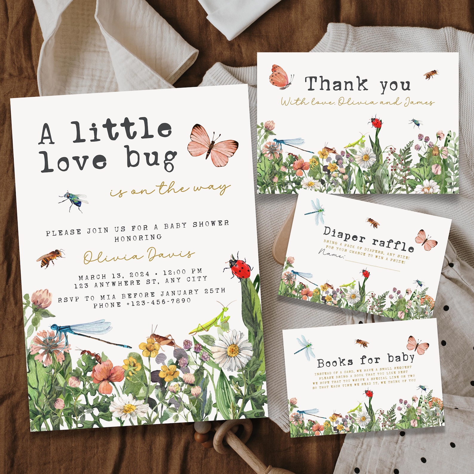 Little Love Bugs Baby Shower Invitation Bundle, Editable Gender Neutral ...