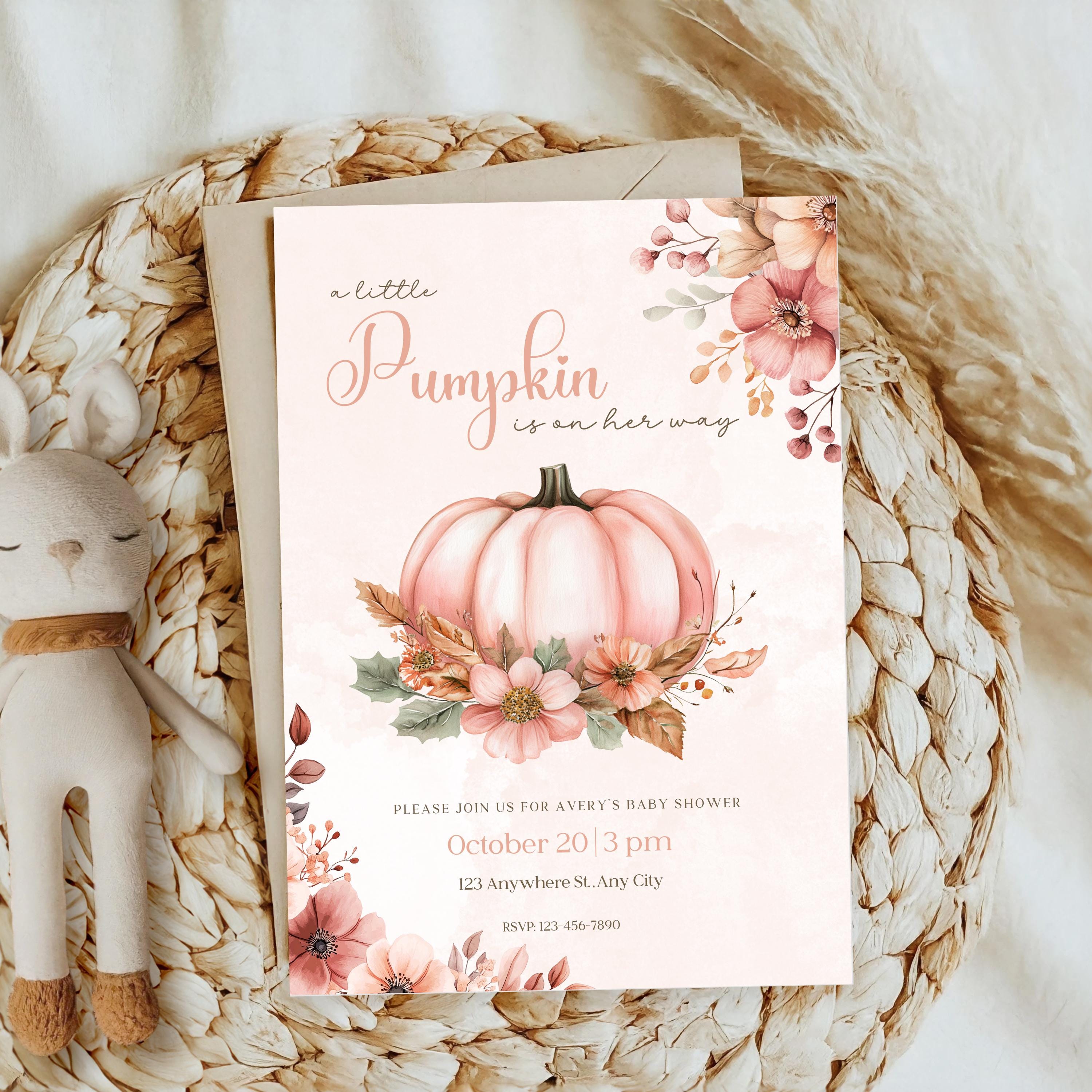 Little Pumpkin Baby Shower Invitation Bundle, Cute Pink Floral Boho ...