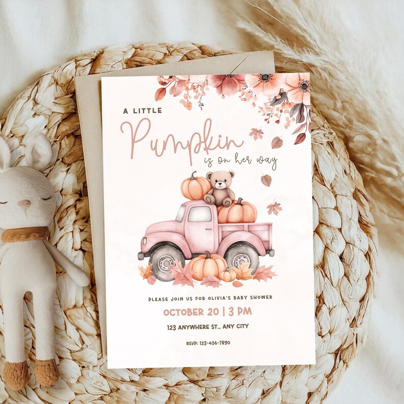 A Little Pumpkin is on the Way Baby Shower Invitation, Pink Pumpkin ...