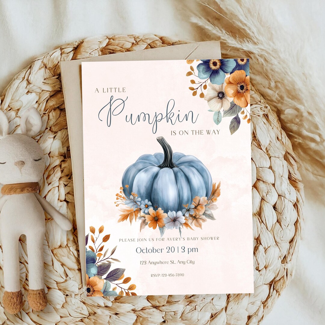 Little Pumpkin Baby Shower Invitation, Cute Blue Floral Gender Neutral ...