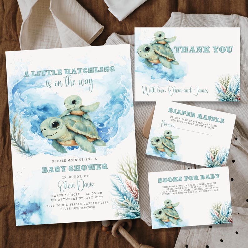 Sea Turtle Baby Shower Invitation Bundle, Editable Under the Sea Turtle ...