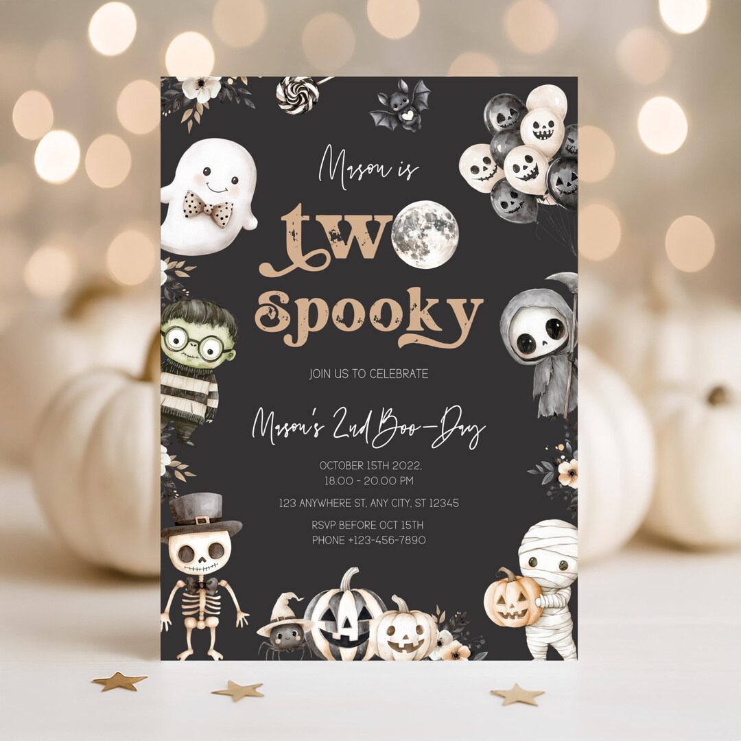 Two Spooky Halloween Birthday Invitation, Editable Cute Ghost Boy Girl ...