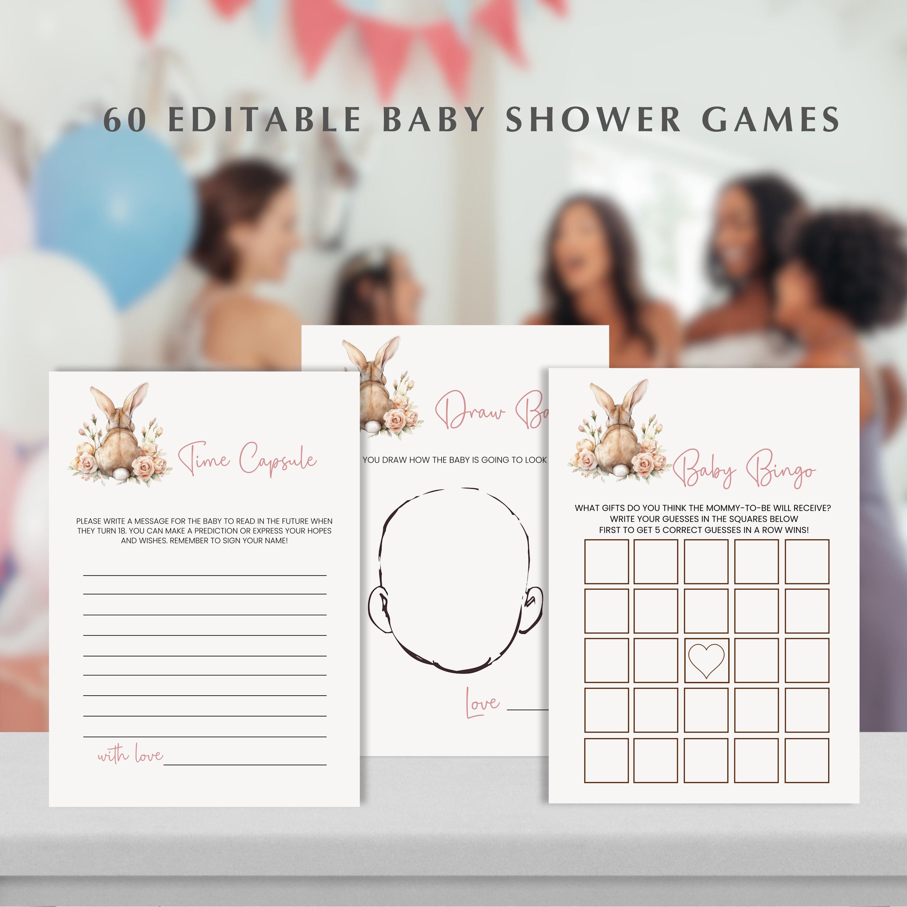 Bunny Baby Shower Games Bundle, Spring Rabbit Baby Shower Games Set ...