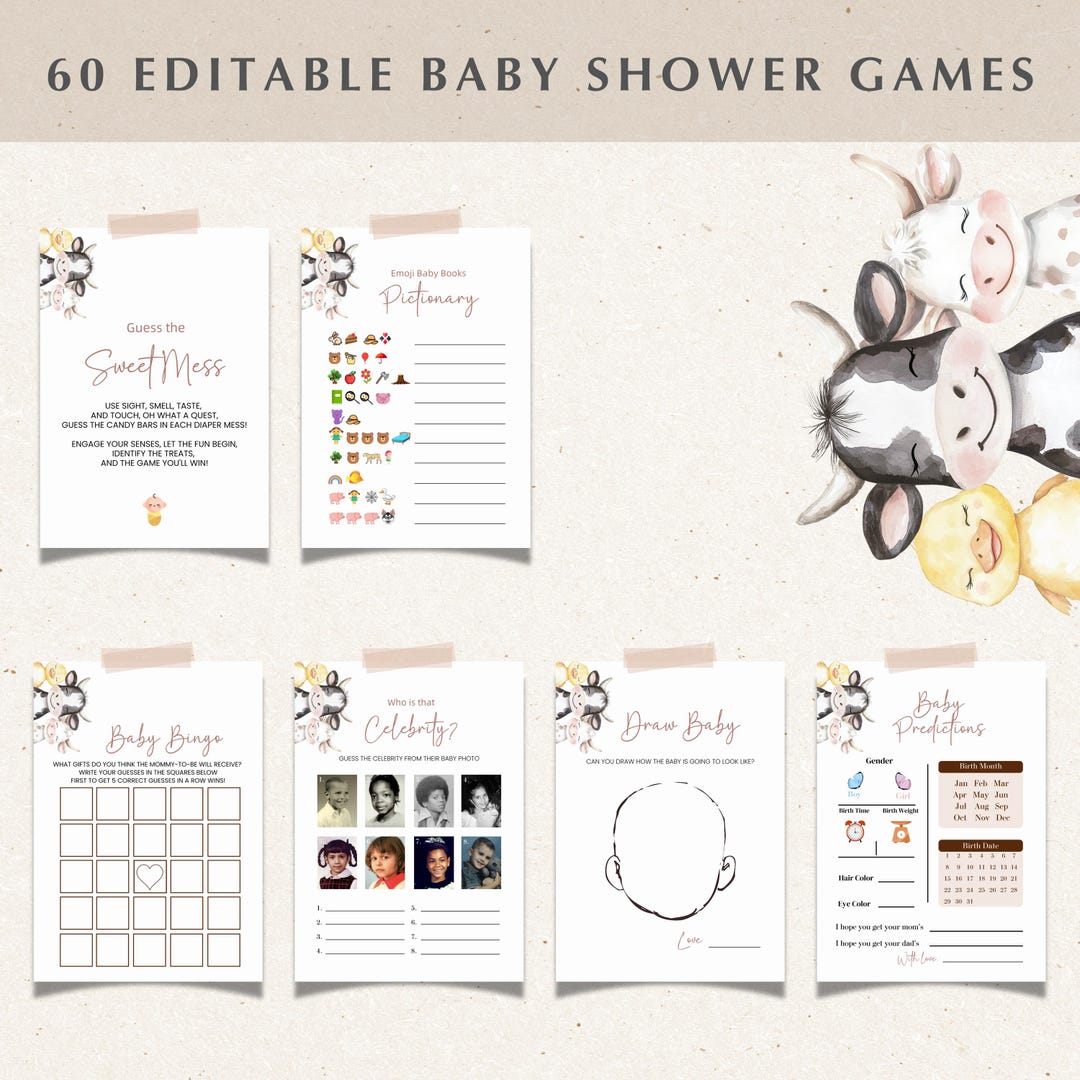 Farm Animals Baby Shower Games Bundle, Editable Barnyard Baby Shower ...
