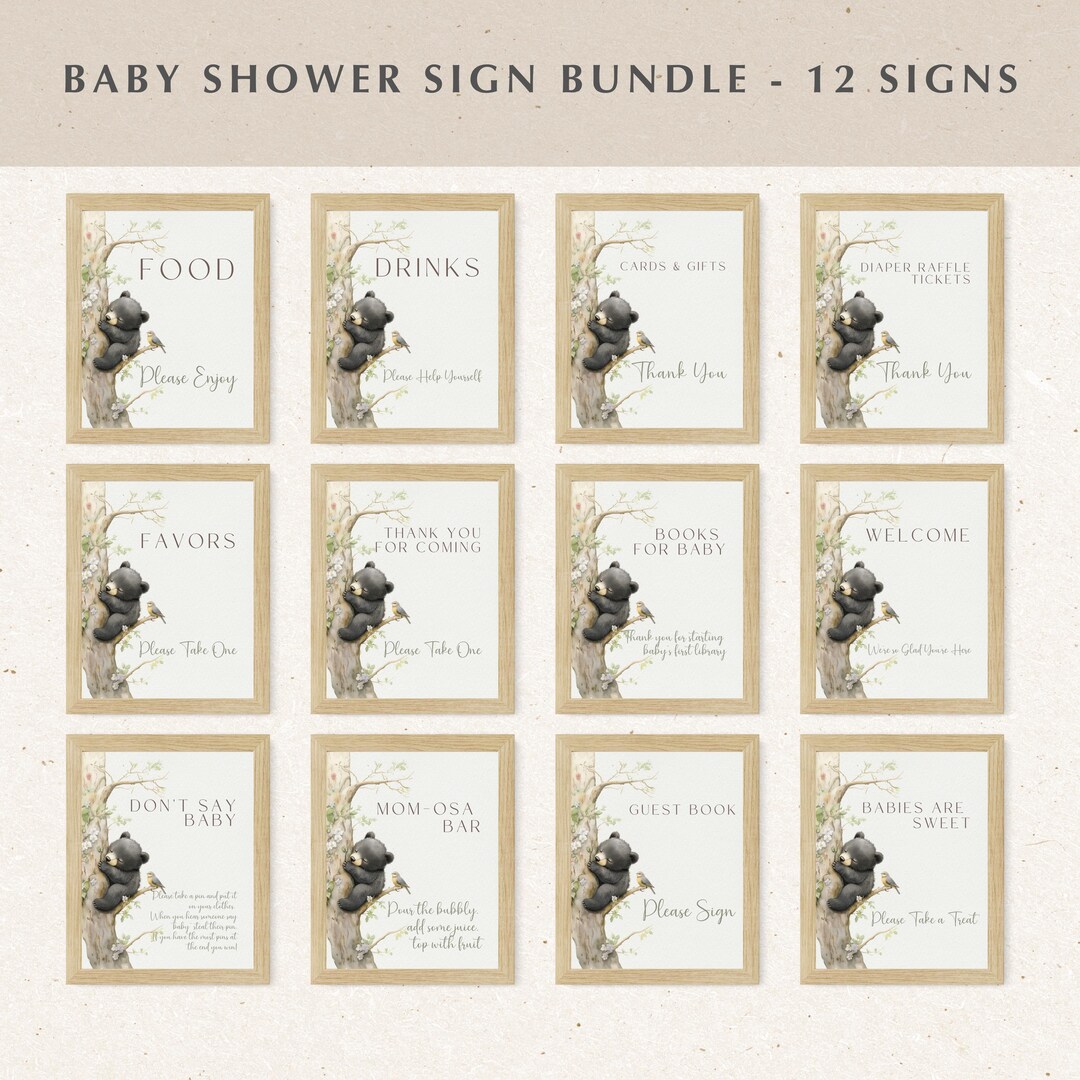 Woodland Bear Baby Shower Table Signs Bundle, Gender Neutral Forest ...