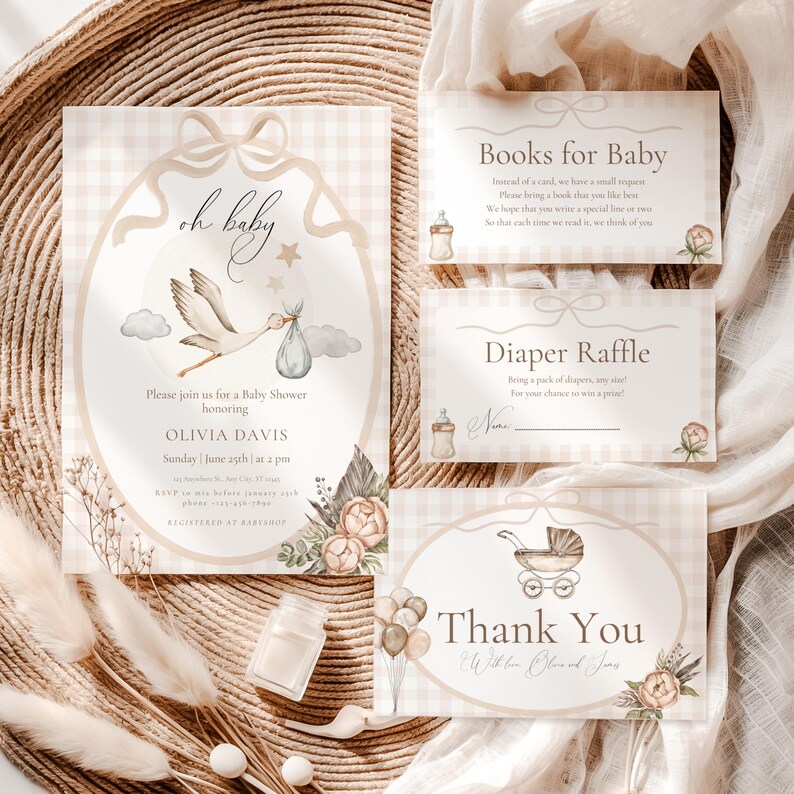 Stork Baby Shower Invitation Bundle, Editable Printable Invite, Gender ...