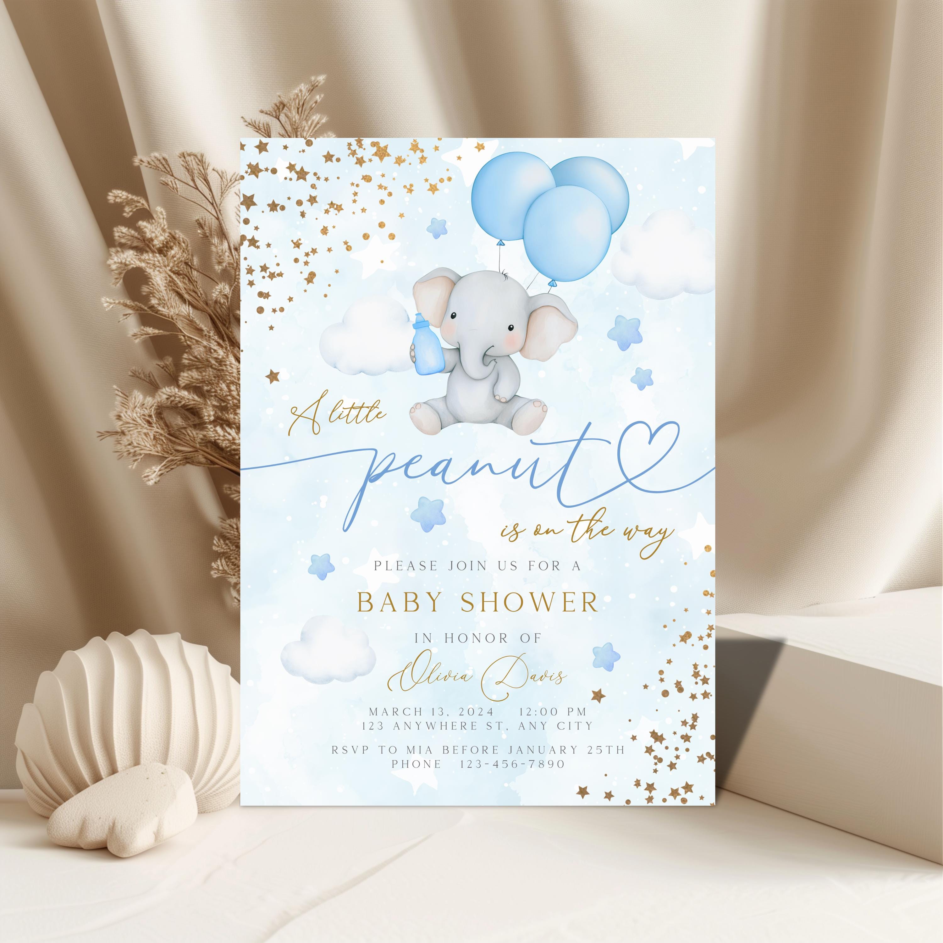 A Little Peanut Boy Baby Shower Invitation, Editable Elephant Boy Baby ...