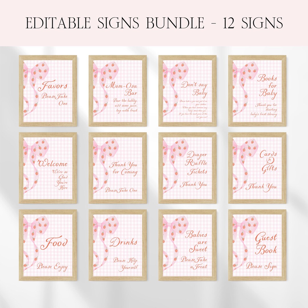 Strawberry Bow Baby Shower Table Signs Bundle , Printable Decor, Berry ...
