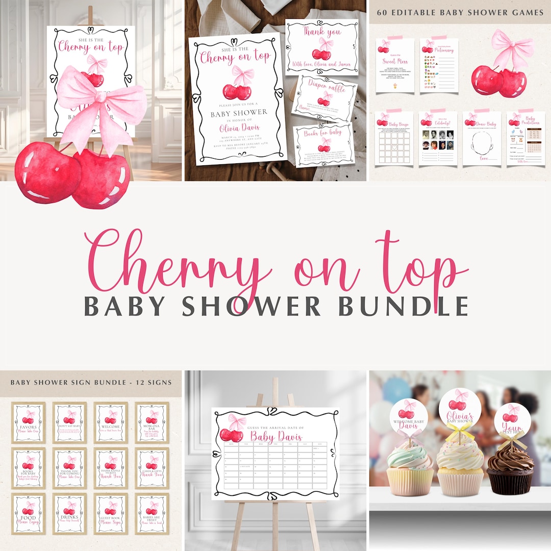 Cherry on Top Baby Shower Bundle, Editable Girl Pink Bow Cherry Games ...