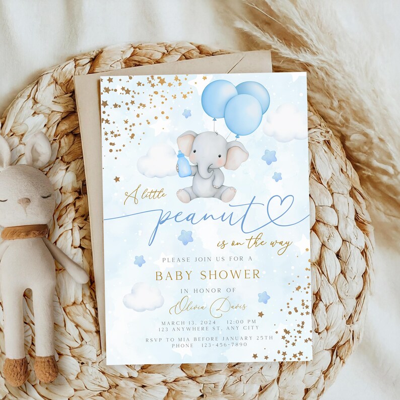 A Little Peanut Boy Baby Shower Invitation, Editable Elephant Boy Baby ...