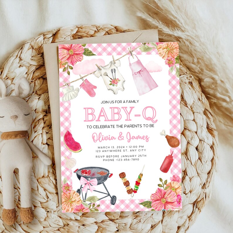 Baby-q Girl Baby Shower Invitation Bundle, Editable Couples Backyard BBQ Baby Shower Invitation ...
