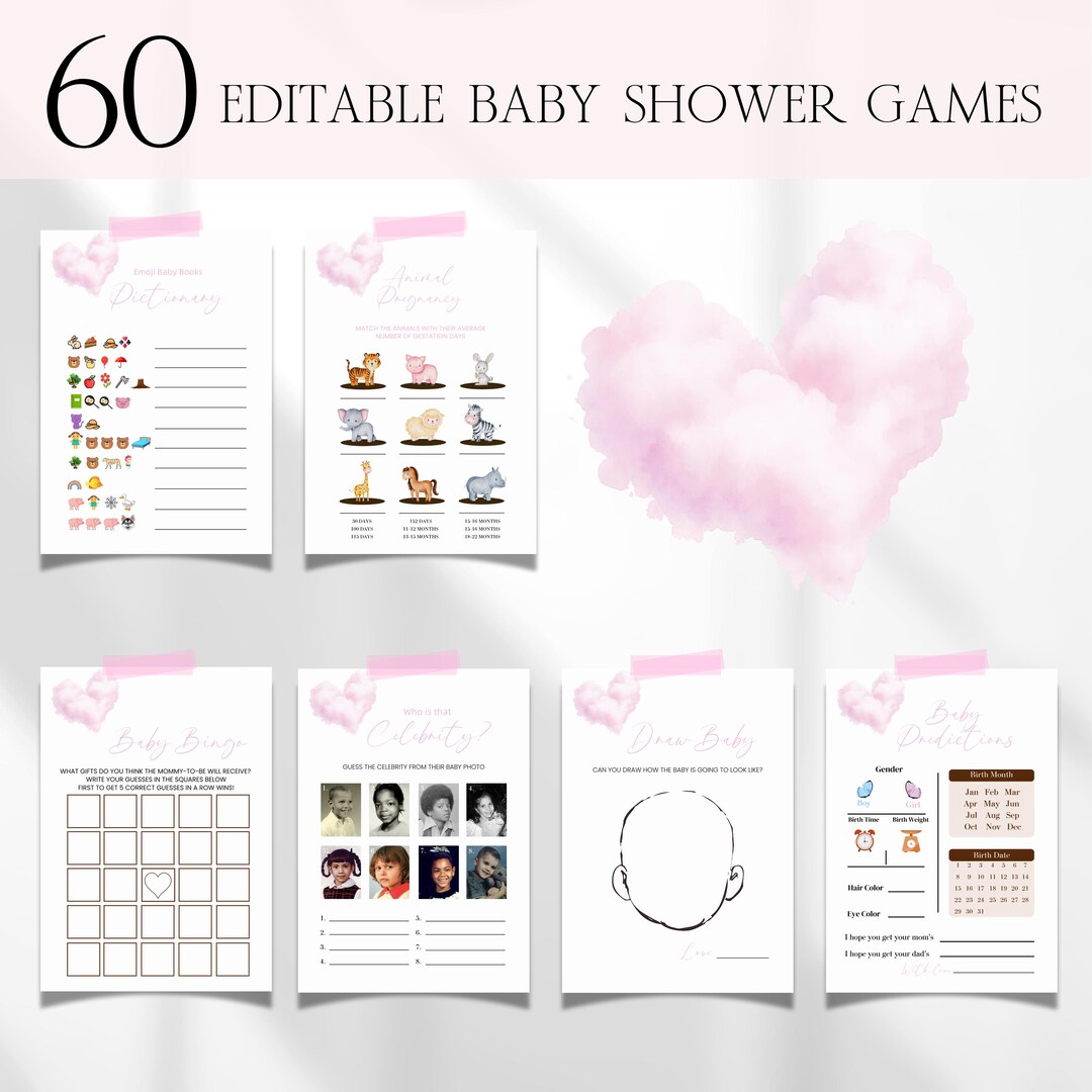 Pink Heaven Sent Baby Shower Games Bundle, Editable Pink Cloud Baby ...