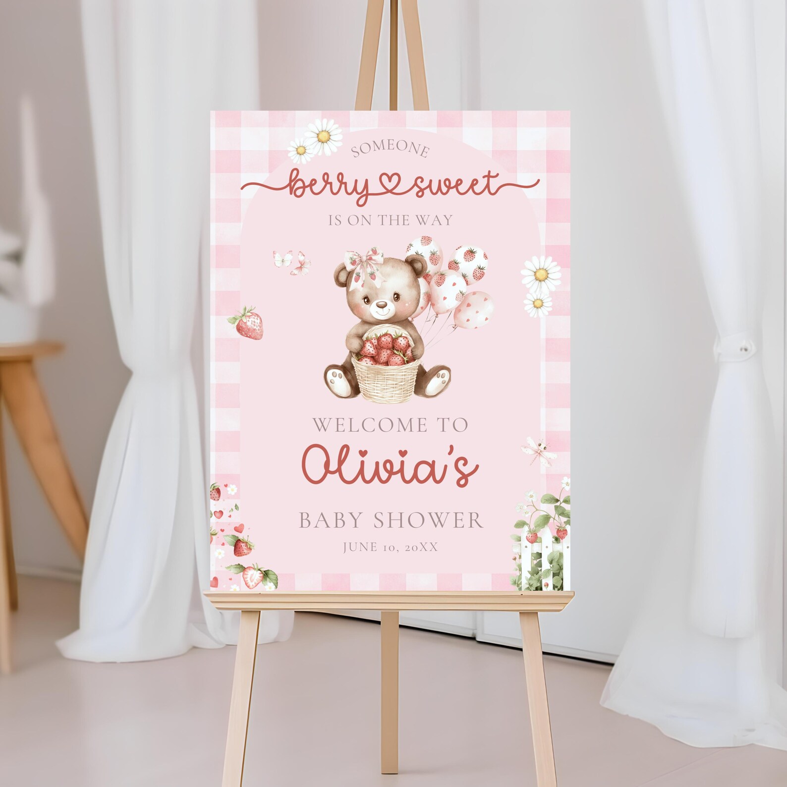 Berry Sweet Baby Shower Welcome Sign, Editable Template for Strawberry ...
