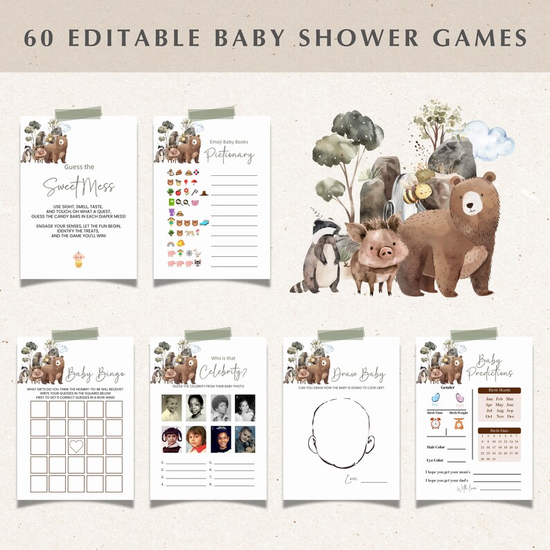 Woodland Baby Shower Games Bundle, Editable Forest Animals Baby Shower ...