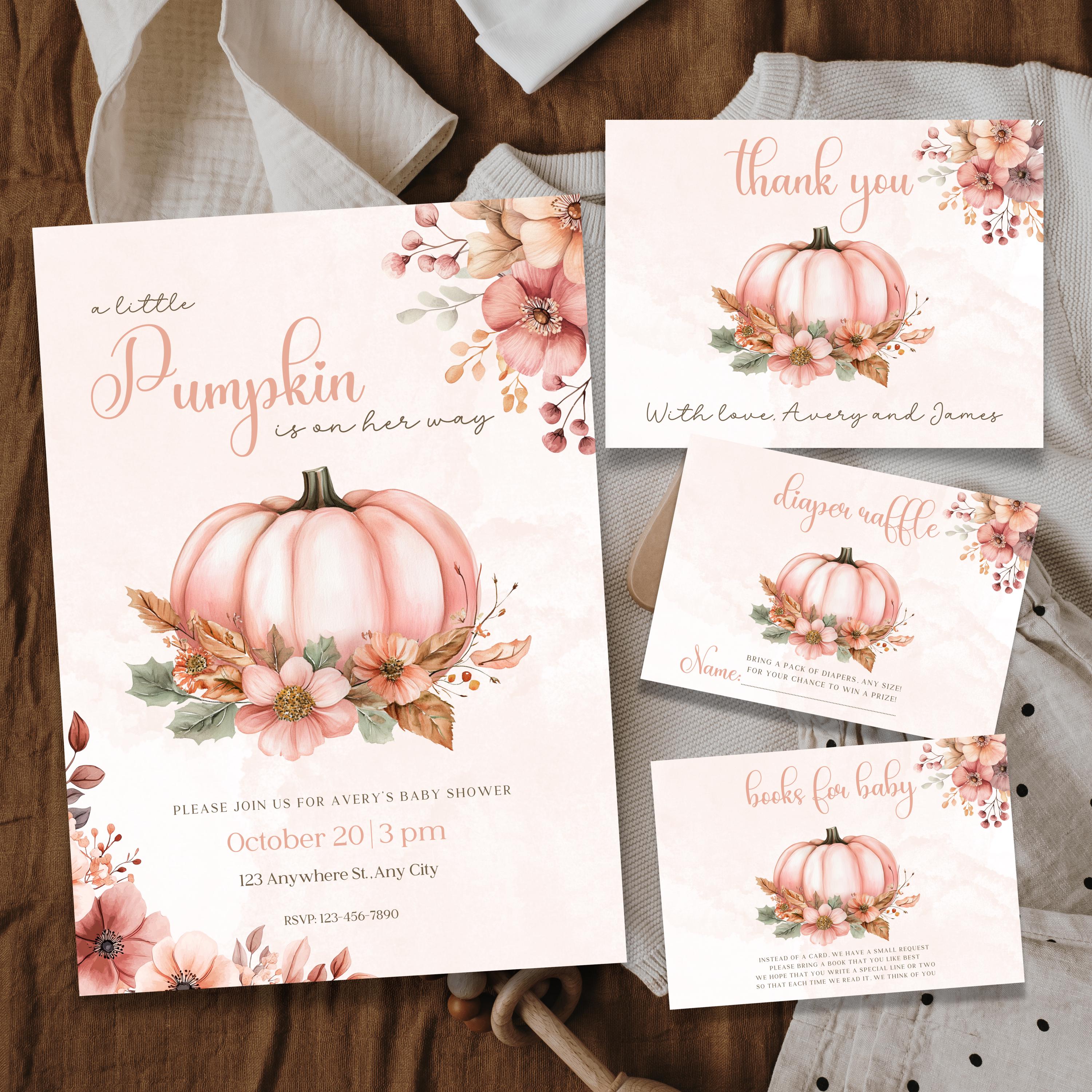 Little Pumpkin Baby Shower Invitation Bundle, Cute Pink Floral Boho ...