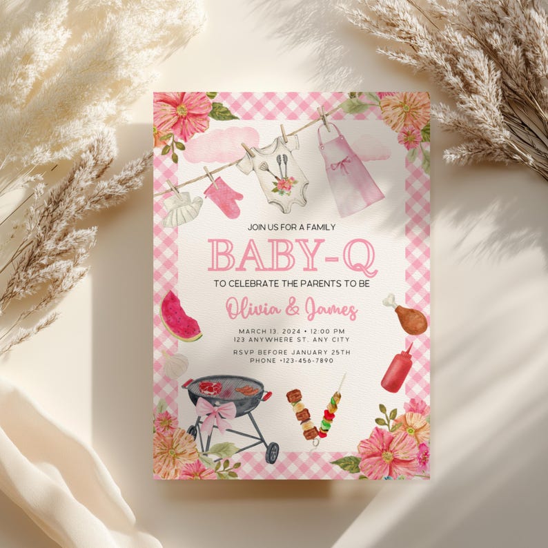 Baby-q Girl Baby Shower Invitation, Editable Couples Backyard BBQ Baby ...