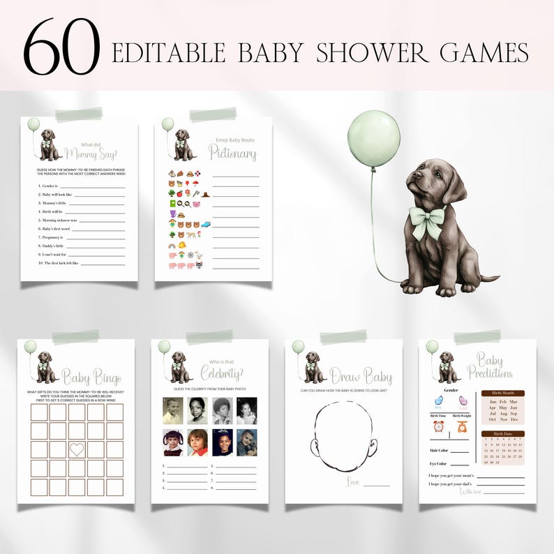 Puppy Baby Shower Games Bundle, Editable Chocolate Labrador Boy Baby ...