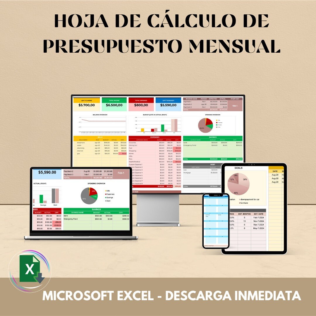 Hoja De Cálculo De Presupuesto Mensual En Español, Planificador Excel De Presupuesto Y Finanzas ...