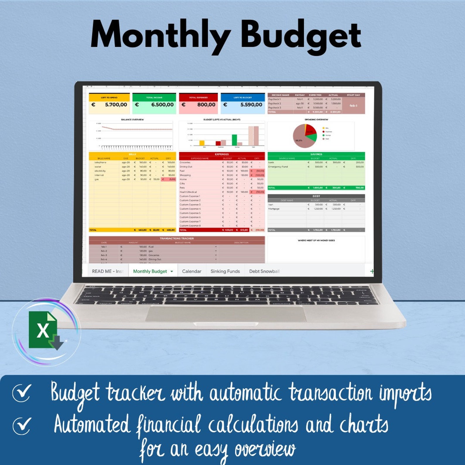 Excel Monthly Budget Template, Budget Tracker, Savings Tracker, Budget ...