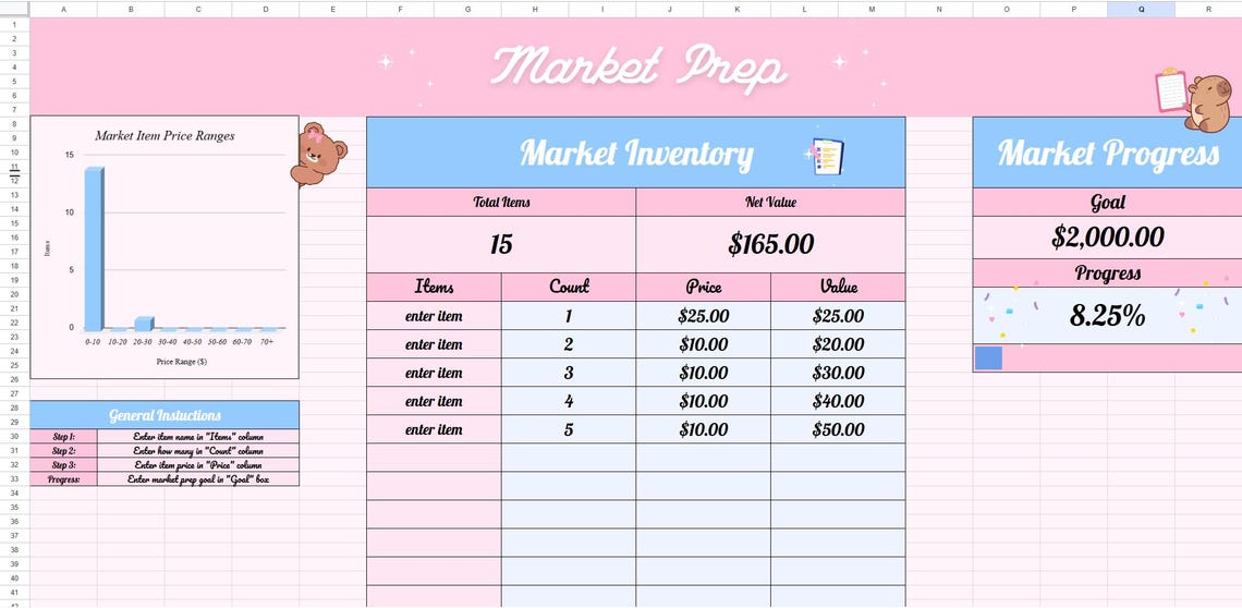 Cute Market Prep Spreadsheet - Etsy